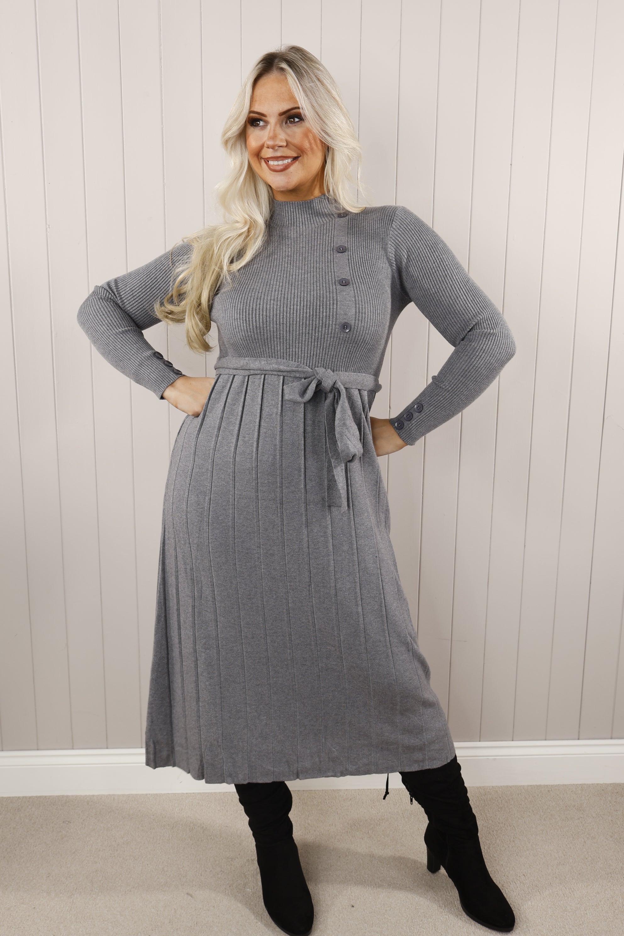 Quincy Pleat effect dress Grey – Goose Island